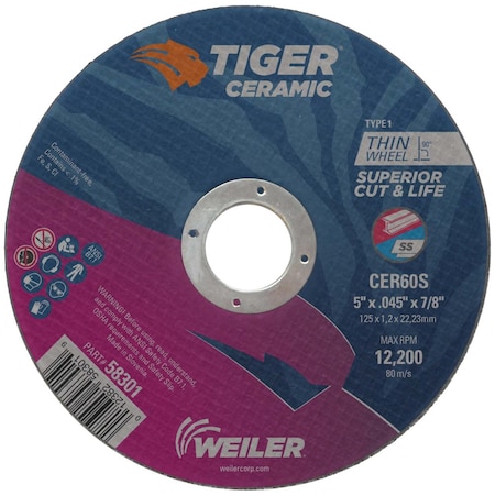 Weiler Type 1, 5 in Dia, 0.045 in Thick, Ceramic, 60 Grit 58301 | Zoro